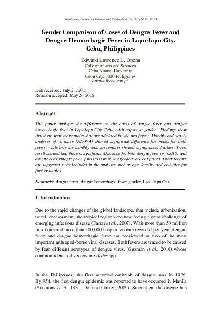 Pdf Gender Comparison Of Cases Of Dengue Fever And Dengue Hemorrhagic Fever In Lapu Lapu City