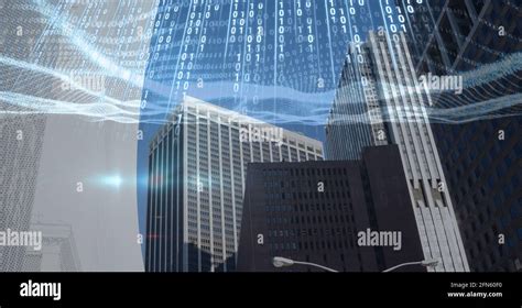 Composition Of Binary Coding Over Modern Office Buildings Background Stock Photo Alamy