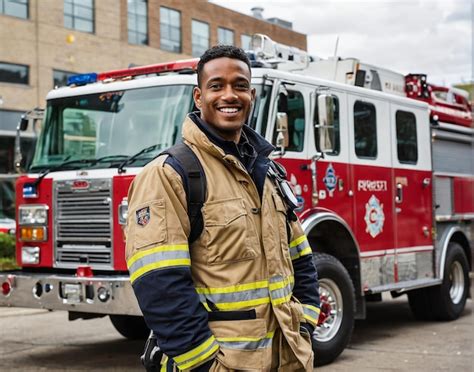 Premium Photo A Firefighter Standing In Front Of A Fire Truck