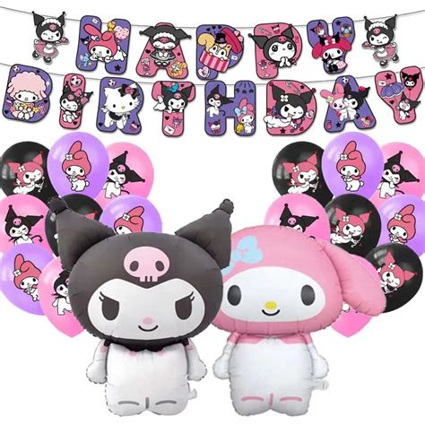 귀여운 마이 멜로디 쿠로미 테마 생일 파티 장식 플래그 케이크 카드 풍선 나선형 장식 어린이를 위한 초대장 카드 한 벌