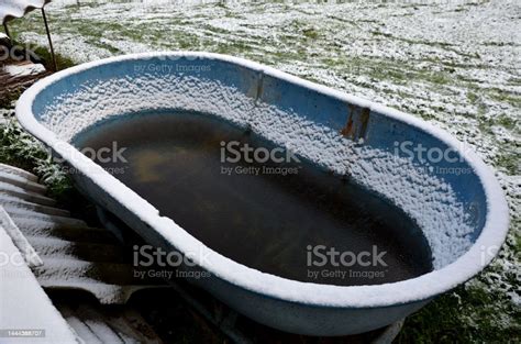 거터에서 파란색 플라스틱 타원형 수영장 물 탱크 얼고 눈으로 덮인 비스듬한 욕조 벽은 서리가 찢어지는 것을 방지합니다 찬물에서 경화 관개를위한 서있는 물 격리에 대한 스톡