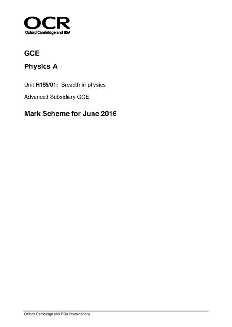 41872 As Level Breadth In Physics Ms Oxford Cambridge And Rsa Examinations Gce Physics A Unit