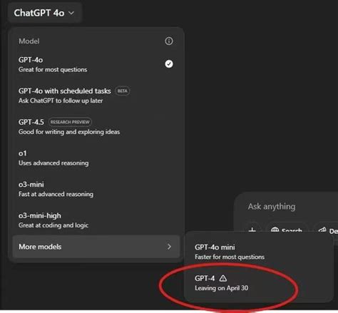 openai宣布chatgpt将于4月30日停用gpt 4模型，全面升级至4o版本