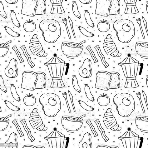 아침 식사 음식으로 귀여운 매끄러운 패턴 튀긴 계란 베이컨 토스트 소시지 커피 아보카도 토마토 오트밀 벡터 손으로 그린 낙서 그림입니다 인쇄 포장지 벽지에 적합합니다 브런치