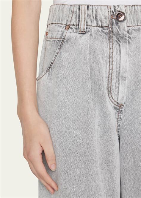 Brunello Cucinelli Stone Washed Pleated Wide Leg Elastic Waist Jeans
