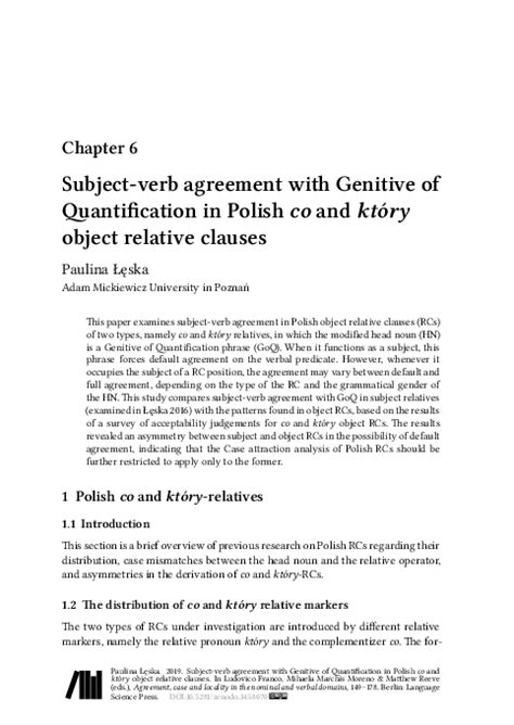 Pdf Subject Verb Agreement With Genitive Of Quantification In Polish Co And Który Object