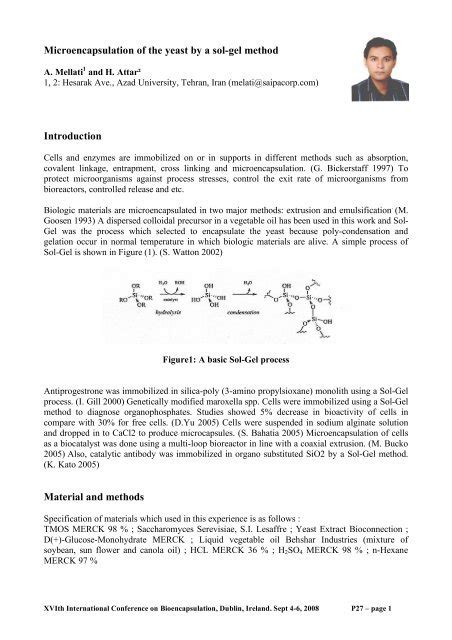Microencapsulation Of The Yeast By A Sol Gel Method Introduction