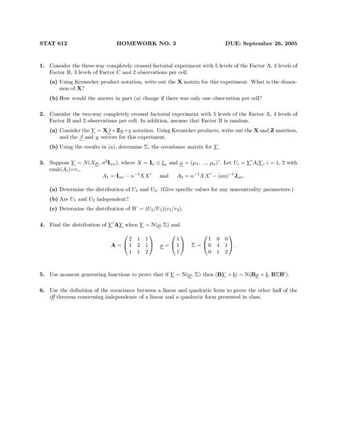 Homework 3 Theory Of Linear Models 2005 Stat 612 Docsity
