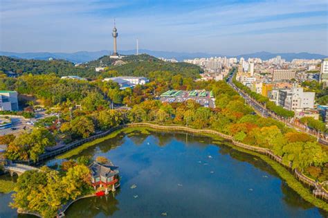 Aerial View Of 83 Tower Behind An Artificial Lake In Daegu Republic Of