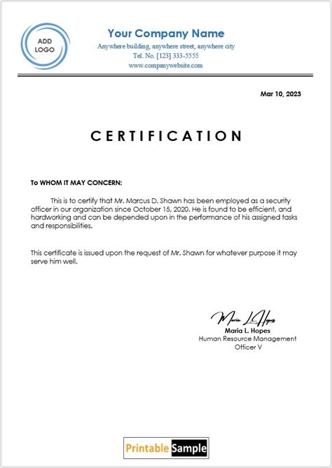 Employment Certificate Template 18 Printable Samples