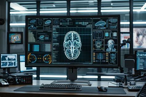 High Tech Monitors With Brain Scans And Data In A Futuristic Office Emphasizing The Integration