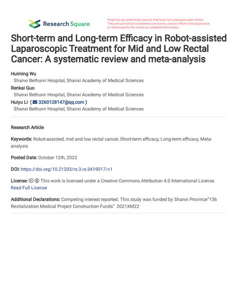 Pdf Short Term And Long Term Efficacy In Robot Assisted Laparoscopic Treatment For Mid And Low
