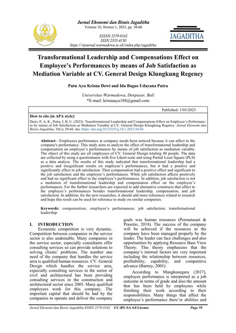 Pdf Transformational Leadership And Compensations Effect On Employees Performances By Means