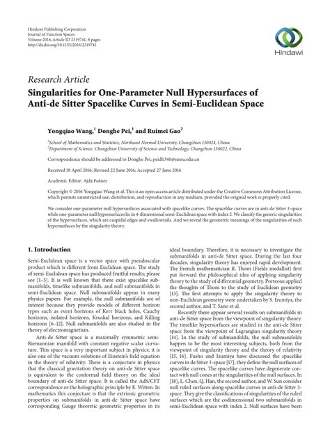 Pdf Singularities For One Parameter Null Hypersurfaces Of Anti De