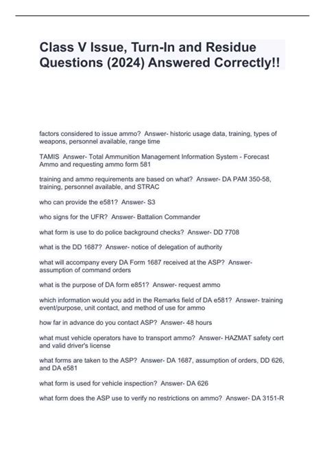 Class V Issue Turn In And Residue Questions 2024 Answered Correctly Class V Issue Turn