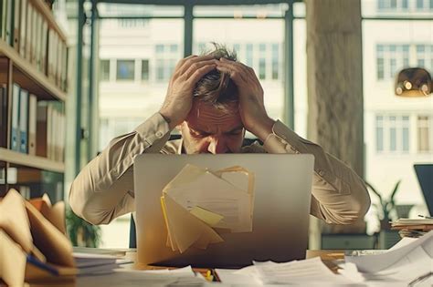 appearing frustrated hands head surrounded by papers laptop premium