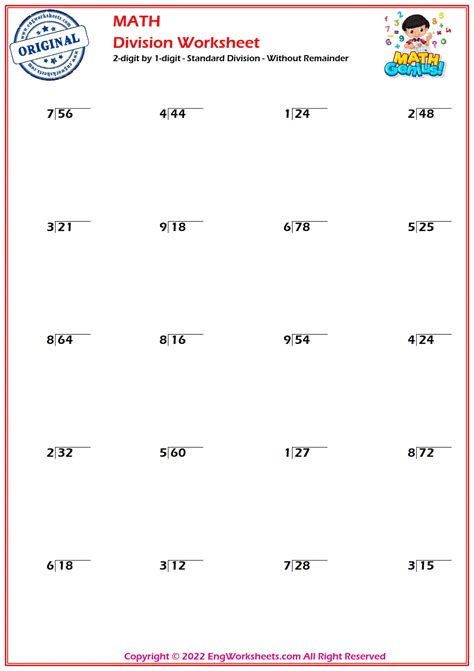 2 Digits By 1 Digits Division Worksheets And Exercise Engworksheets