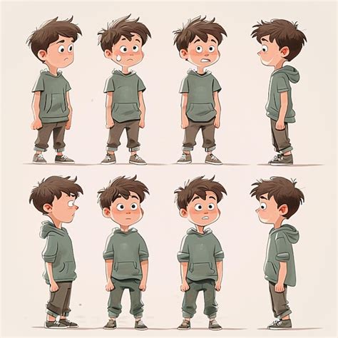 Cartoon Boy Character Sheet Different Poses And Expressions Premium