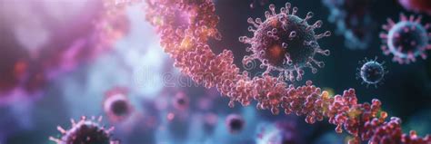 Close Up View Of Molecular Rna Chain Surrounded By Vibrant Viruses In A Scientific Exploration