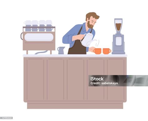 카운터 바 플랫 벡터 일러스트 리외 뒤에 바리스타 힙스터 남자 개념에 대한 스톡 벡터 아트 및 기타 이미지 개념 기계류 남자 Istock