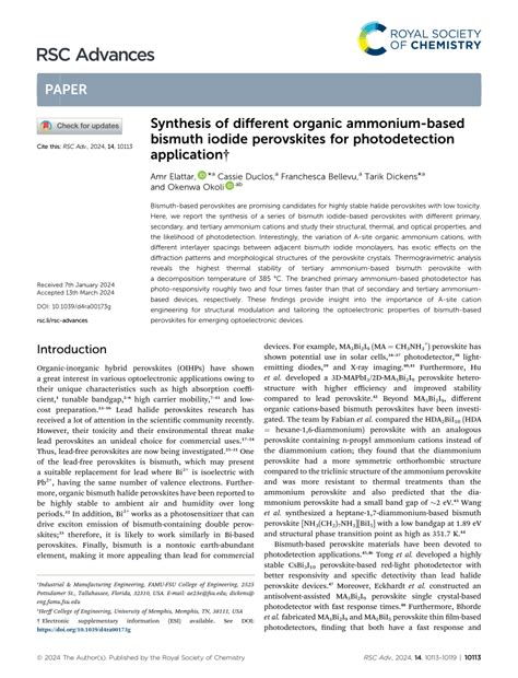 Pdf Synthesis Of Different Organic Ammonium Based Bismuth Iodide Perovskites For