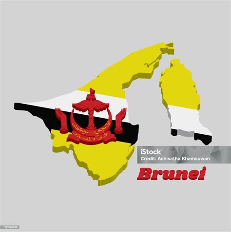 3d 지도 개요와 브루나이의 국기 노란색과 흰색 대각선 줄무늬에 의해 잘라 노란색 필드에 중심 붉은 문장 3차원 형태에 대한 스톡 벡터 아트 및 기타 이미지 Istock