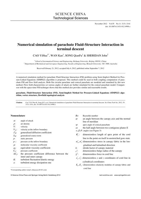 Pdf Numerical Simulation Of Parachute Fluid Structure Interaction In Terminal Descent