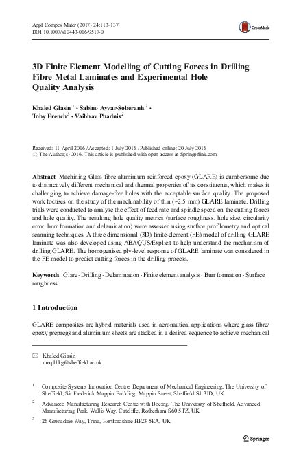 Pdf 3d Finite Element Modelling Of Cutting Forces In Drilling Fibre Metal Laminates And