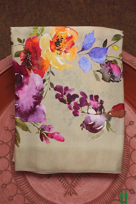 Floral Printed Design Dusty Khaki Satin Crepe Saree Sundari Silks