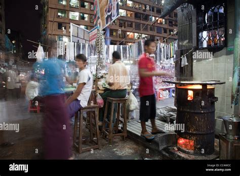 Street Food Market With Watching And Talking People Rangoon Burma