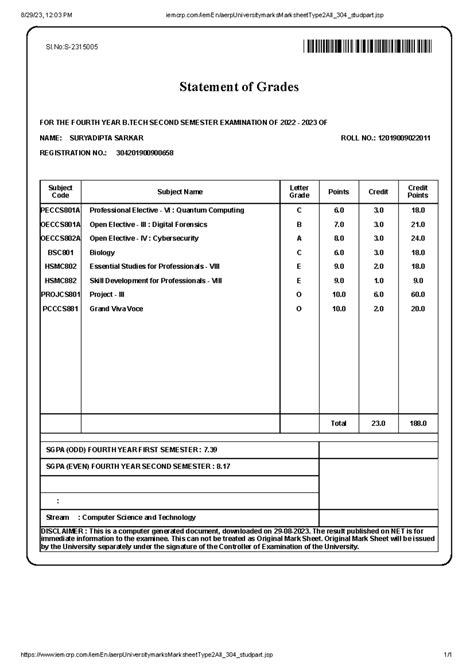 Sem 8 Marksheet Test 82923 1203 Pm Studocu