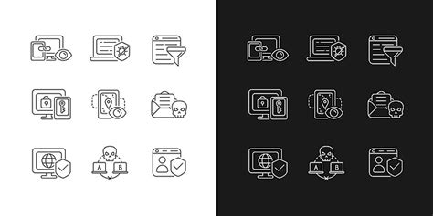 Set Of Linear Icons Depicting Types Of Cyber Attacks For Both Dark And Light Modes Vector Light