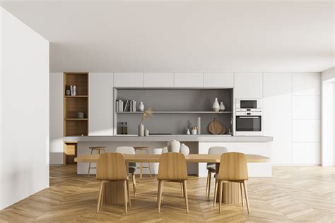 쪽모이 세공 마룻바닥의 식탁과 의자가 있는 화이트 키친 인테리어 0명에 대한 스톡 사진 및 기타 이미지 0명 3차원 형태 가구 Istock