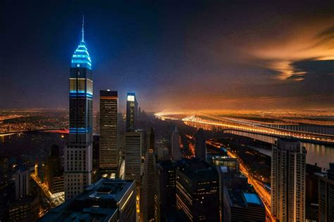 The City Skyline At Night With Blue Lights Ai Generated 34293823 Stock