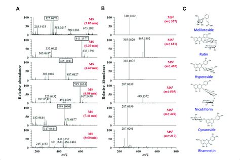 A MS And B MS MS Spectra Of Six Major Peaks Identified In TIC Download Scientific Diagram