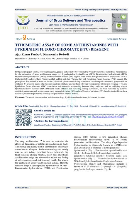 Pdf Titrimetric Assay Of Some Antihistamine Drugs With Pyridinium