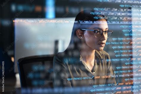 Computer Hologram And Woman Coding For Data Analysis Information