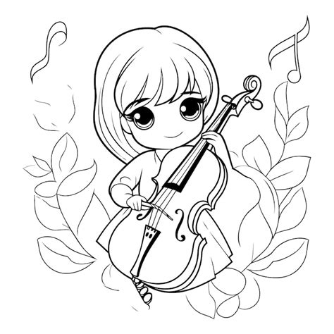 바이올린을 연주하는 귀여운 어린 소녀 흑백 터 일러스트레이션 프리미엄 벡터