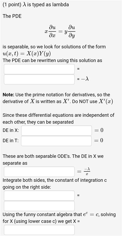 Solved 1 Point A Is Typed As Lambda The Pde ди ди Dy Y