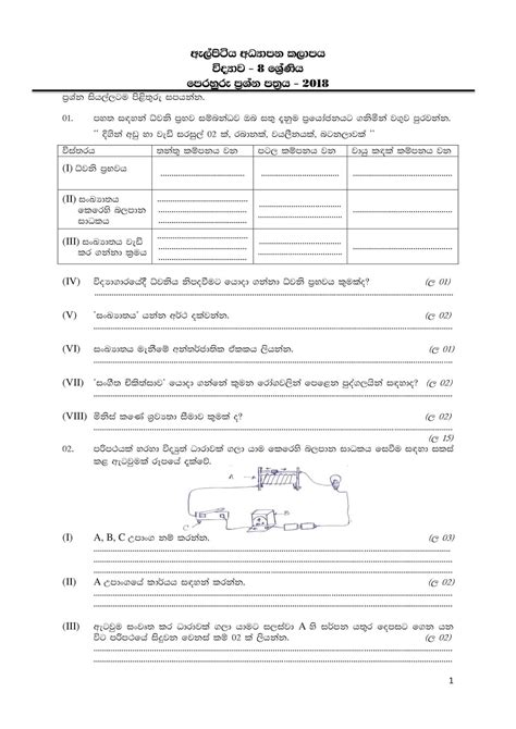 8 ශ්‍රේණිය විද්‍යාව ප්‍රශ්න පත්‍රය