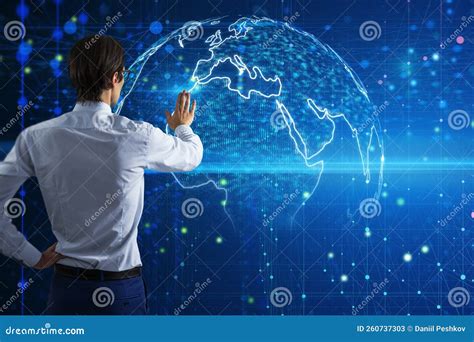 Global Network Connection And Big Data Concept With Man Back View Touching Digital Screen With