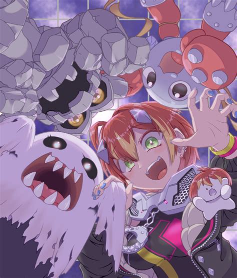 Safebooru 1girl Bakemon Black Jacket Black Shirt Blue Nails Breasts