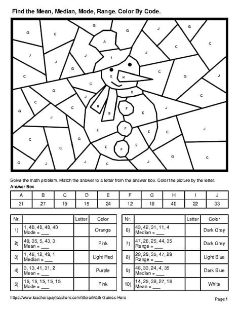 Mean Median Mode Range Winter Coloring Pages Color By Code