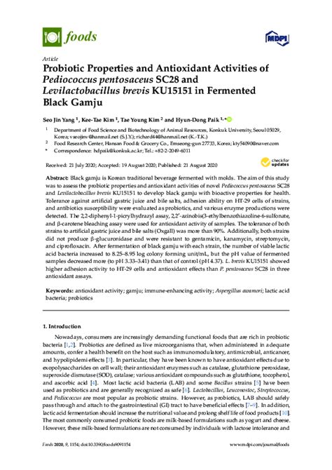 Pdf Probiotic Properties And Antioxidant Activities Of Pediococcus Pentosaceus Sc28 And