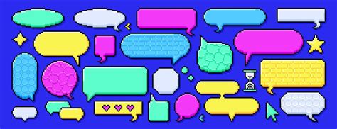 Pixel Dialogue Boxes Different Shapes Set On Blue Background Chat