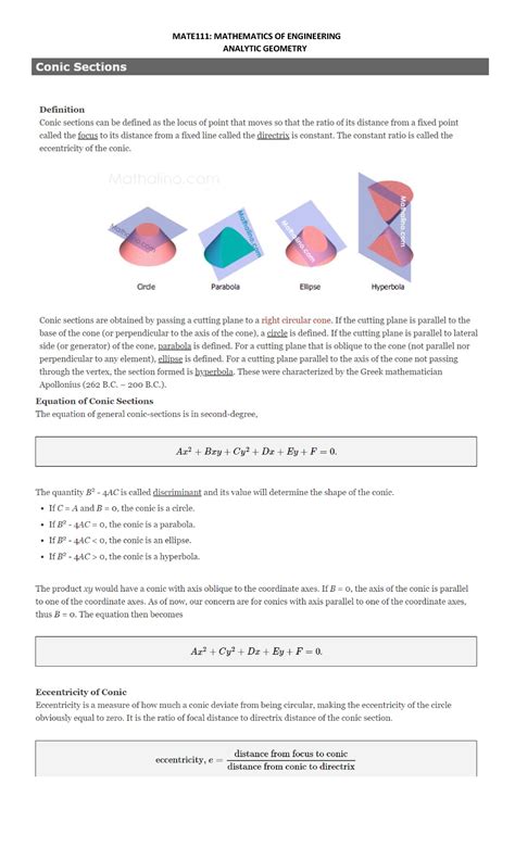 Conic Sections Statistics MATE MATHEMATICS OF ENGINEERING ANALYTIC GEOMETRY Studocu
