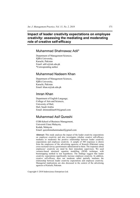 Pdf Impact Of Leader Creativity Expectations On Employee Creativity Assessing The Mediating