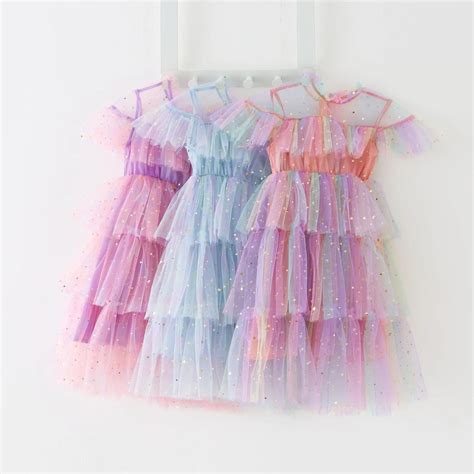 여아용 프릴 요정 공주 드레스 얇은 명주 그물 별 스팽글 케이크 드레스 무지개 솜털 가운 어린이 생일 파티 의류 Aliexpress