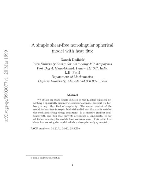 Pdf A Simple Shear Free Nonsingular Spherical Model With A Heat Flux