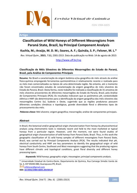 Pdf Classification Of Wild Honeys Of Different Mesoregions From Paraná State Brazil By